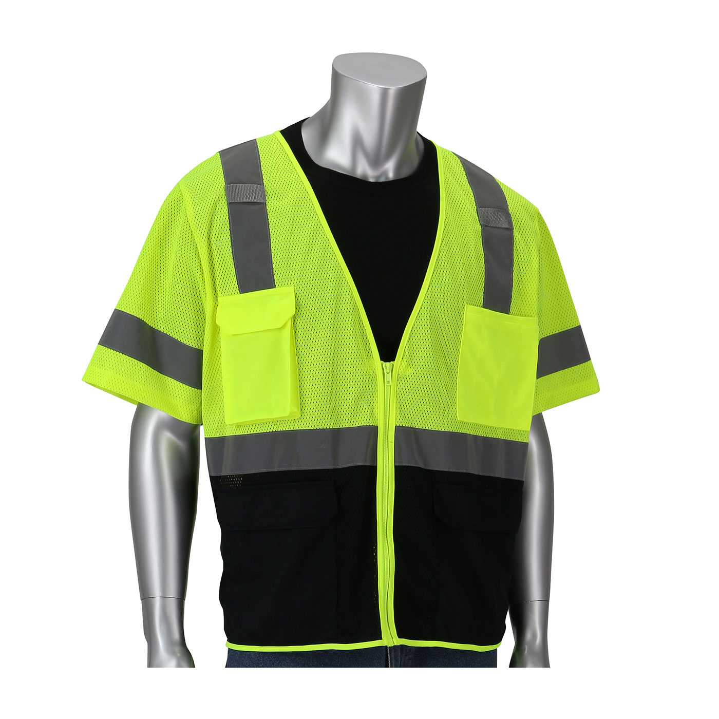 Class 3 Black Bottom Value Mesh Vests | Pocket Black Bottom Safety ...